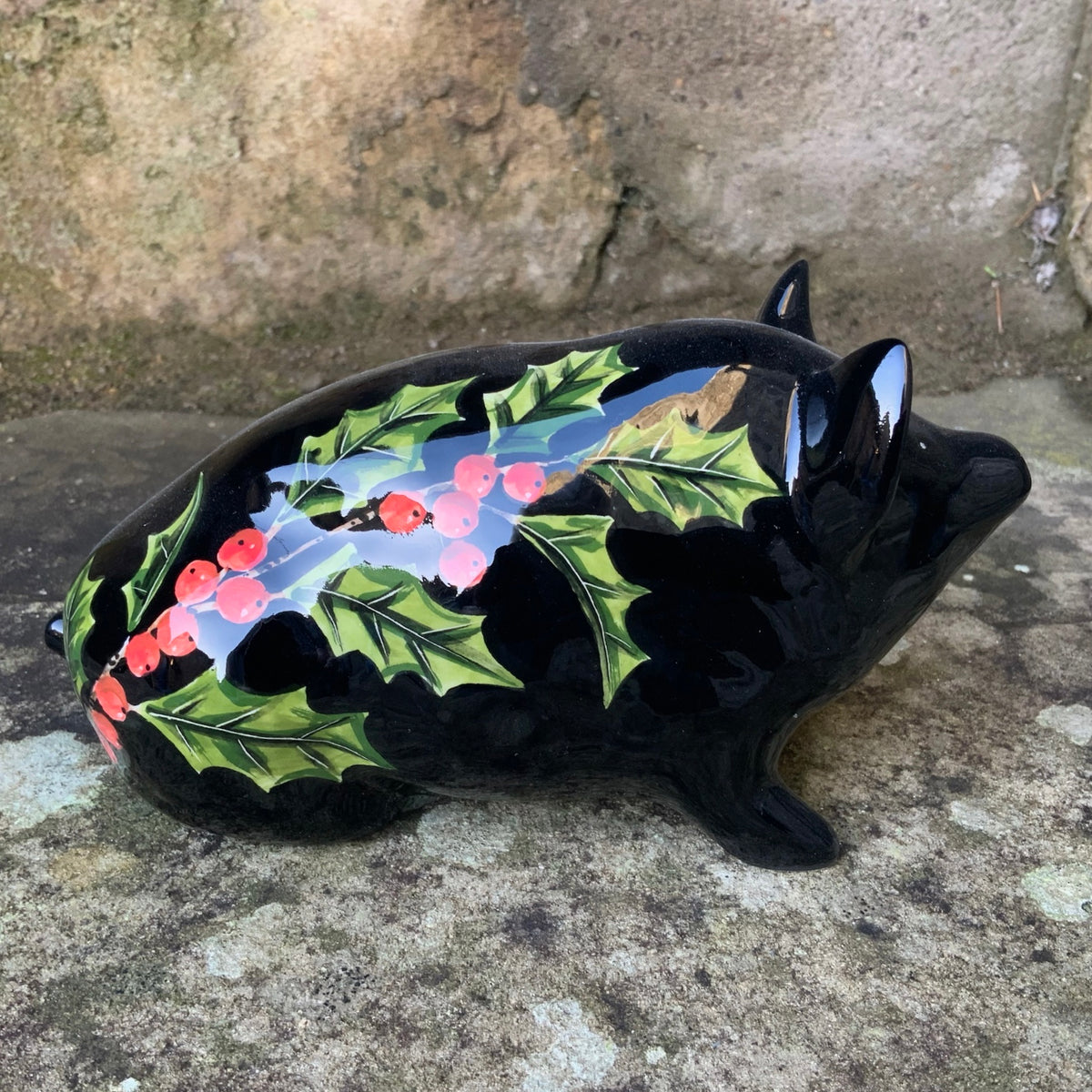 Wemyss Ware Mistletoe Black Small Pig | Griselda Hill Pottery